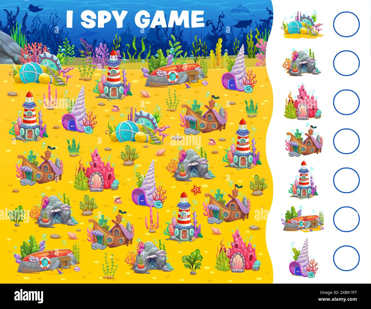 I spy game worksheet with underwater sea houses in shell huts, cartoon ...