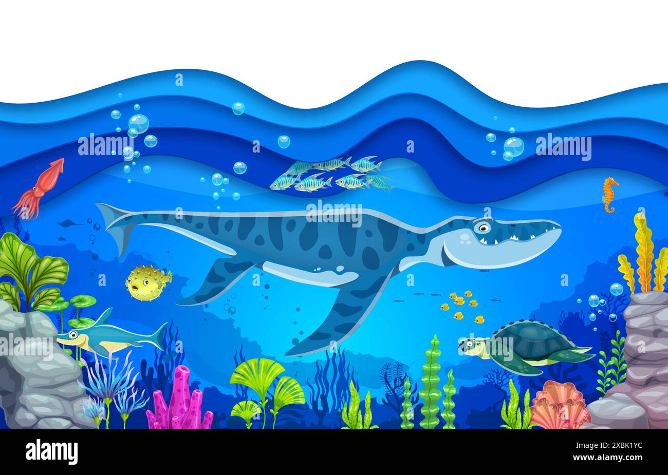 Underwater sea prehistoric dinosaurs. Vector paper cut scene with ...