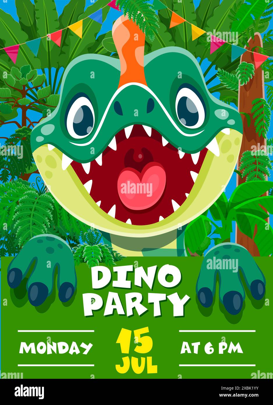 Kids birthday dino party invitation flyer with cute funny dino. Vector ...