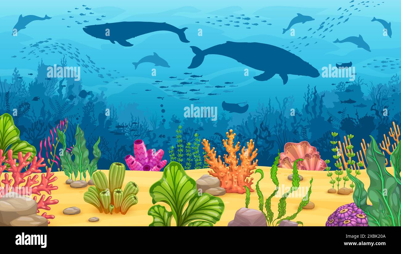 Underwater game landscape with whale silhouettes, corals and algae ...