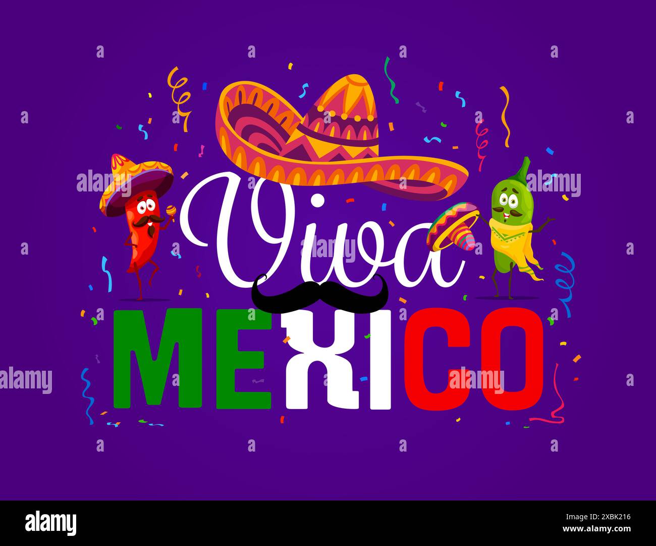 Viva Mexico banner with jalapeno pepper characters wearing sombrero or ...