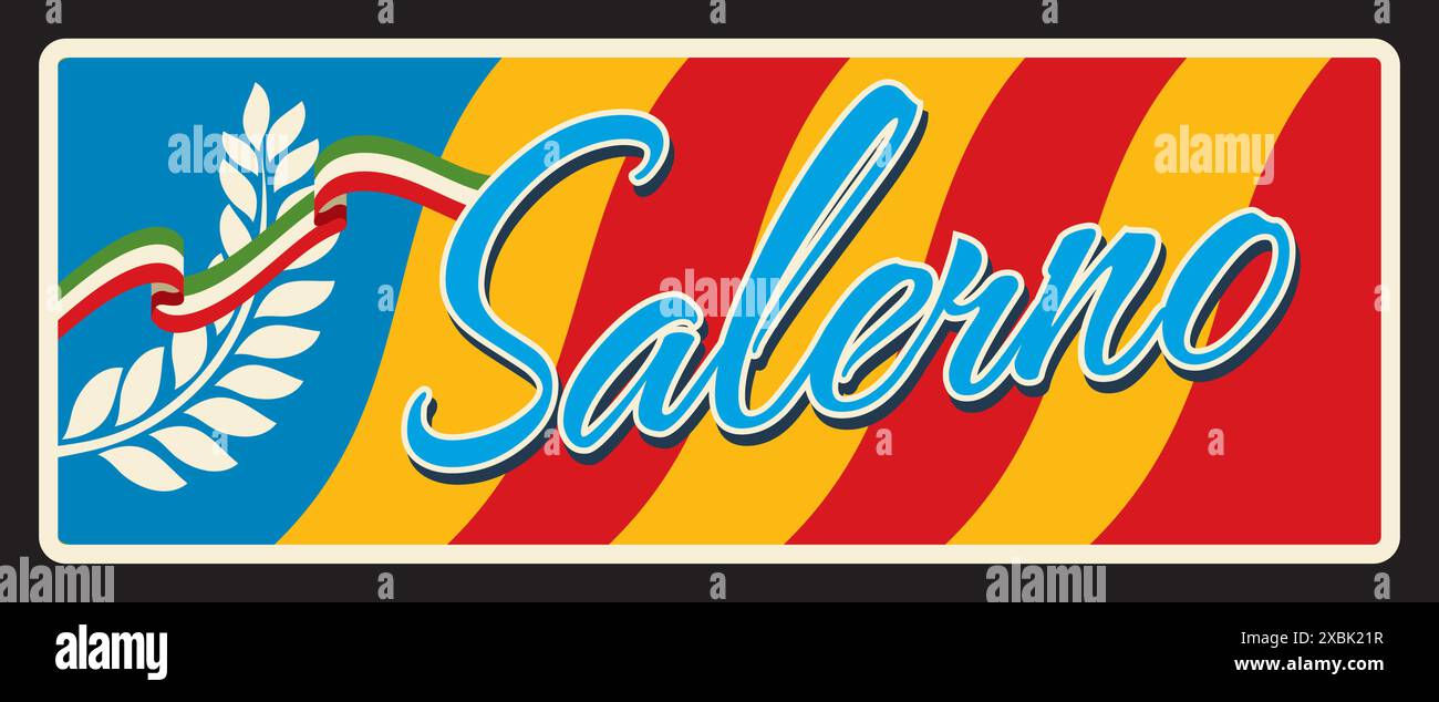 Salerno city in Italy, Italian town of Campania. Vector travel plate ...