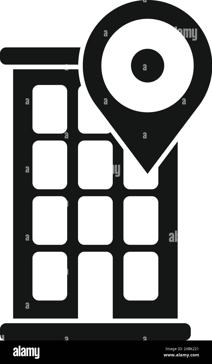 Black simple icon of location pin pointing at multi storey office ...