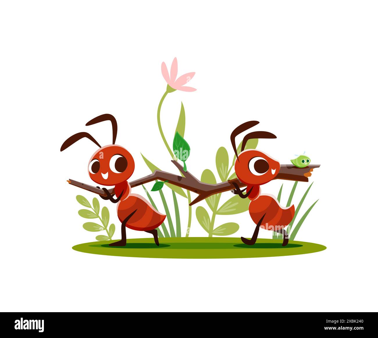 Cartoon ants carry tree branch, funny cute insect characters, vector ...