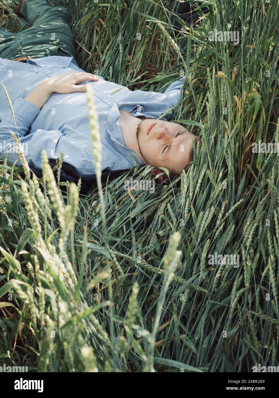 Daydreaming: Vertical portrait of a young man laying down on the green ...