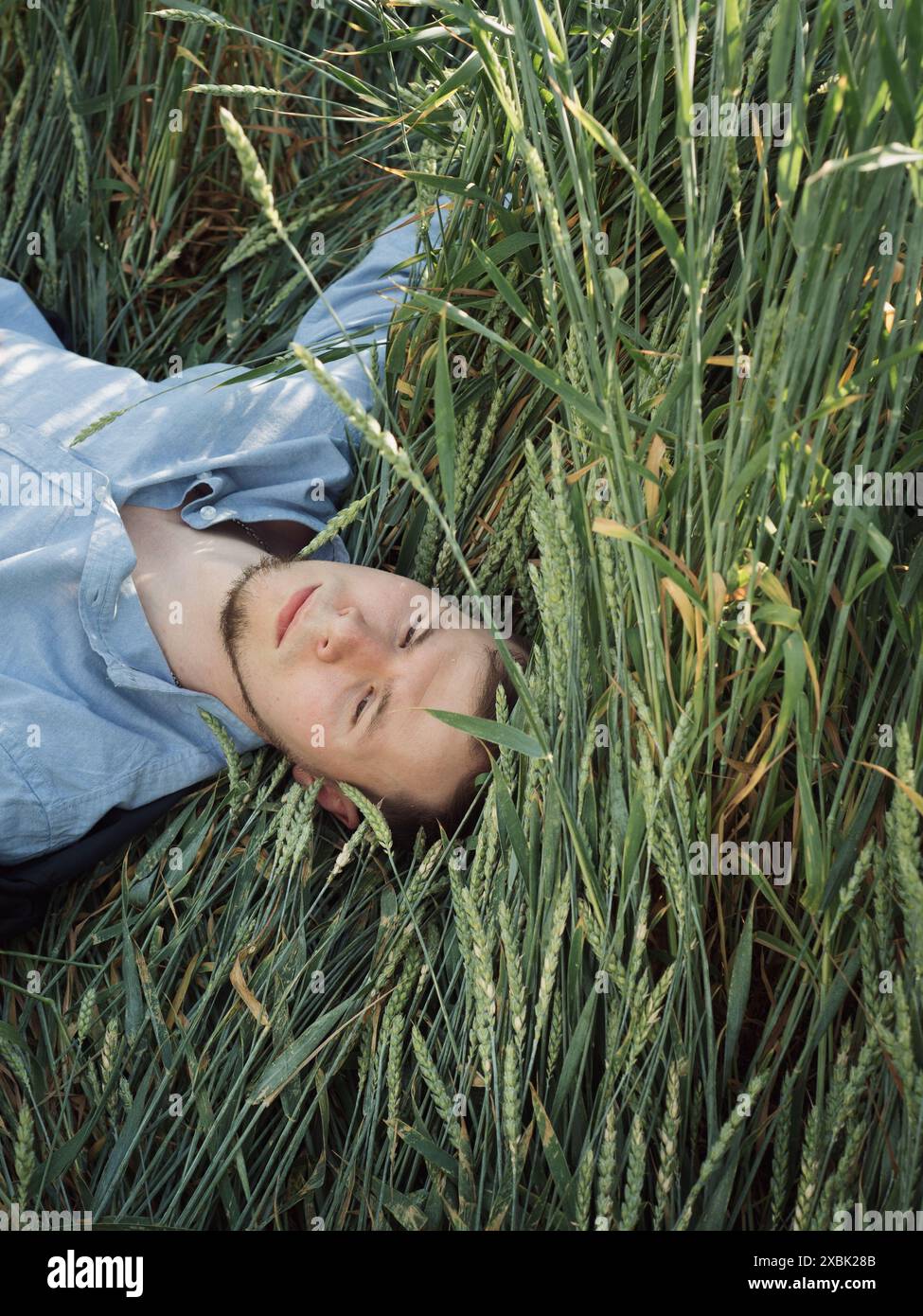 Daydreaming: Vertical portrait of a young man laying down on the green ...