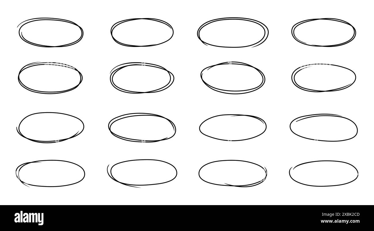 Oval sketch, black line ellipse doodle drawings. Isolated vector set of ...