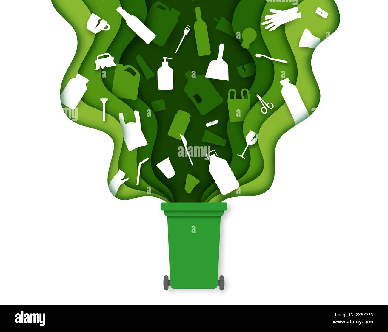 Paper cut wheelie bin, trash can, waste council bin with garbage and ...