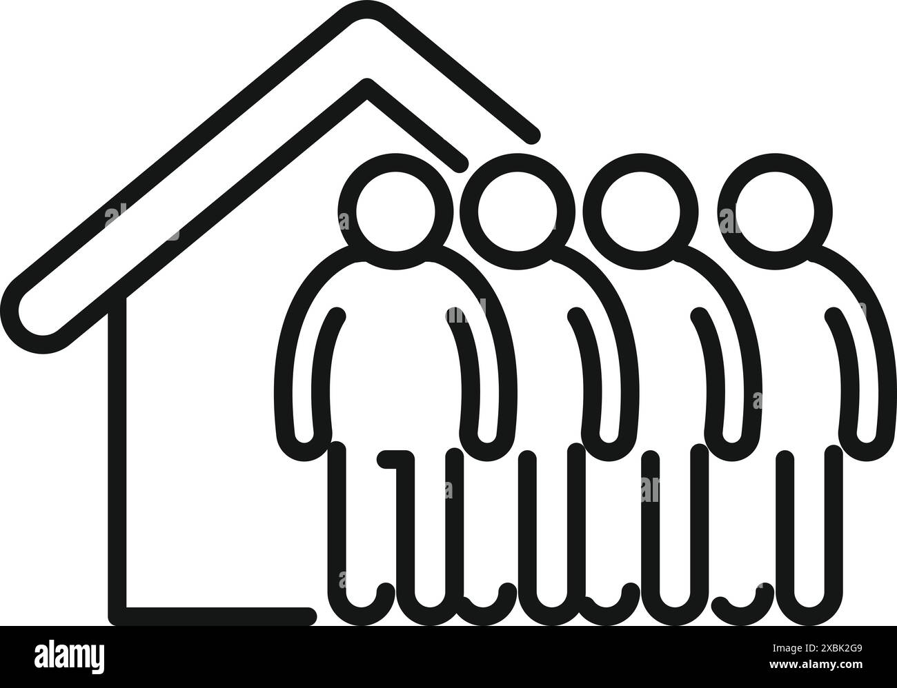 Line art icon of four people standing together under a house roof Stock ...