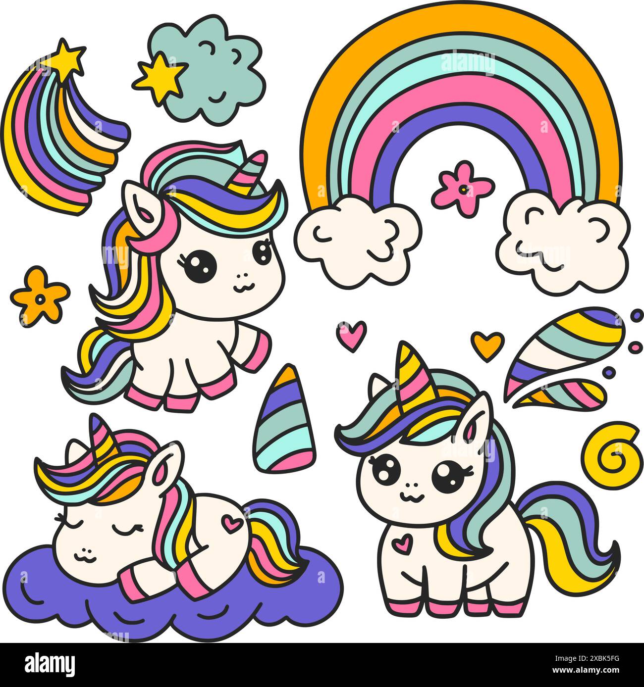Set Of Cute Cartoon Unicorns Isolated On A White Unicorn Animal And ...