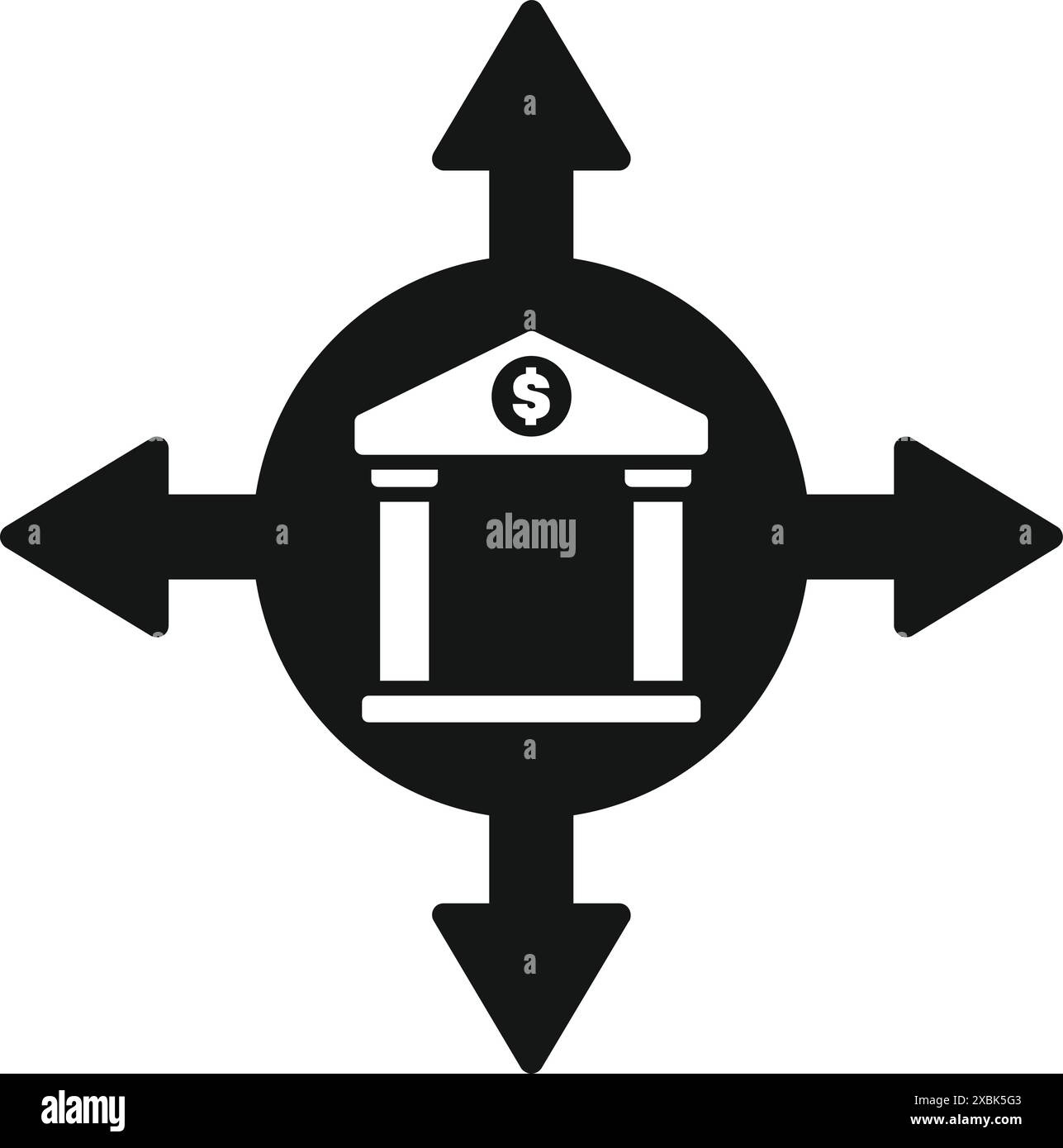 Black and white icon of a bank surrounded by arrows pointing in all ...