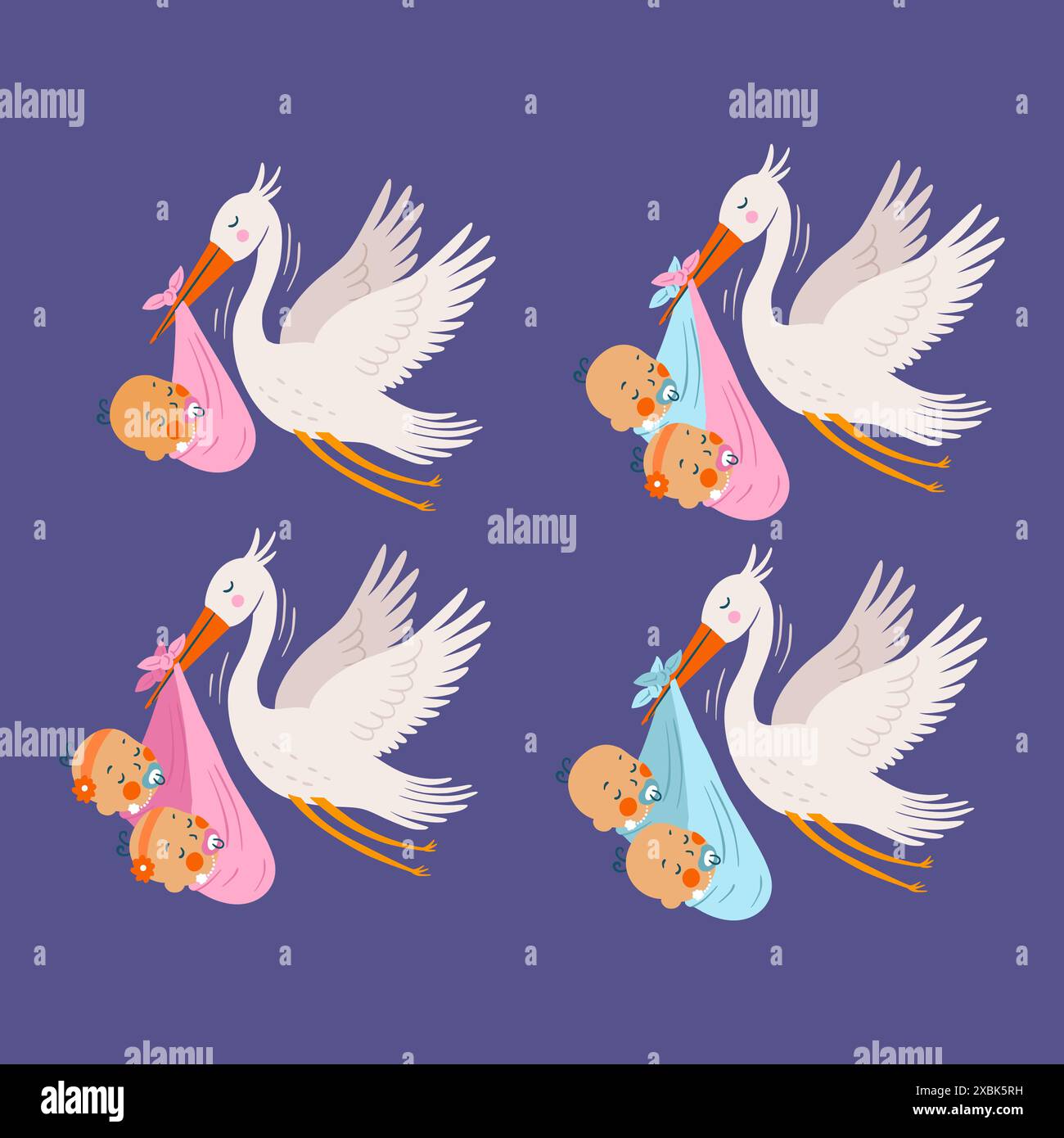 Stork bird carrying a newborn baby set. Kid baby shower cartoon vector ...