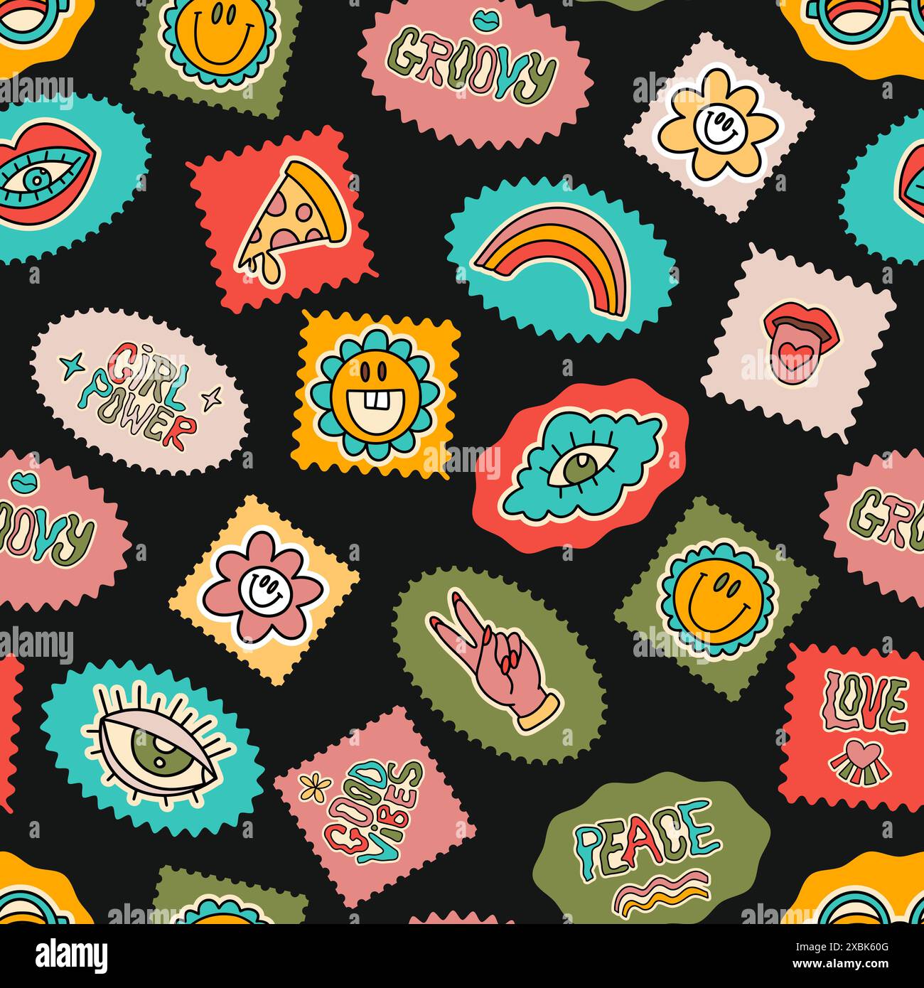 Seamless pattern with groovy retro style postage stamps with rainbow ...