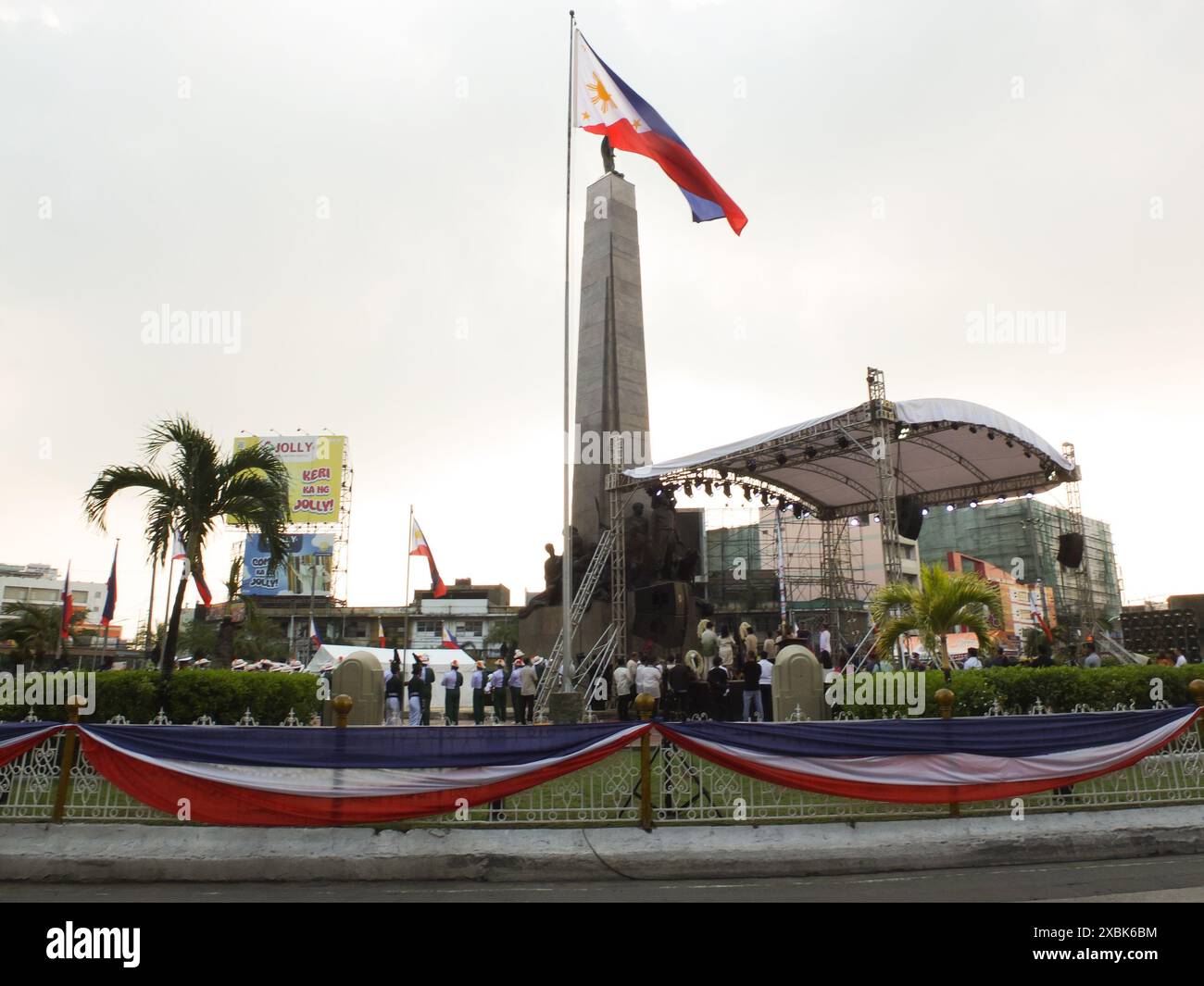 The facade of Bonifacio Monument in Caloocan City adorned with drapes ...