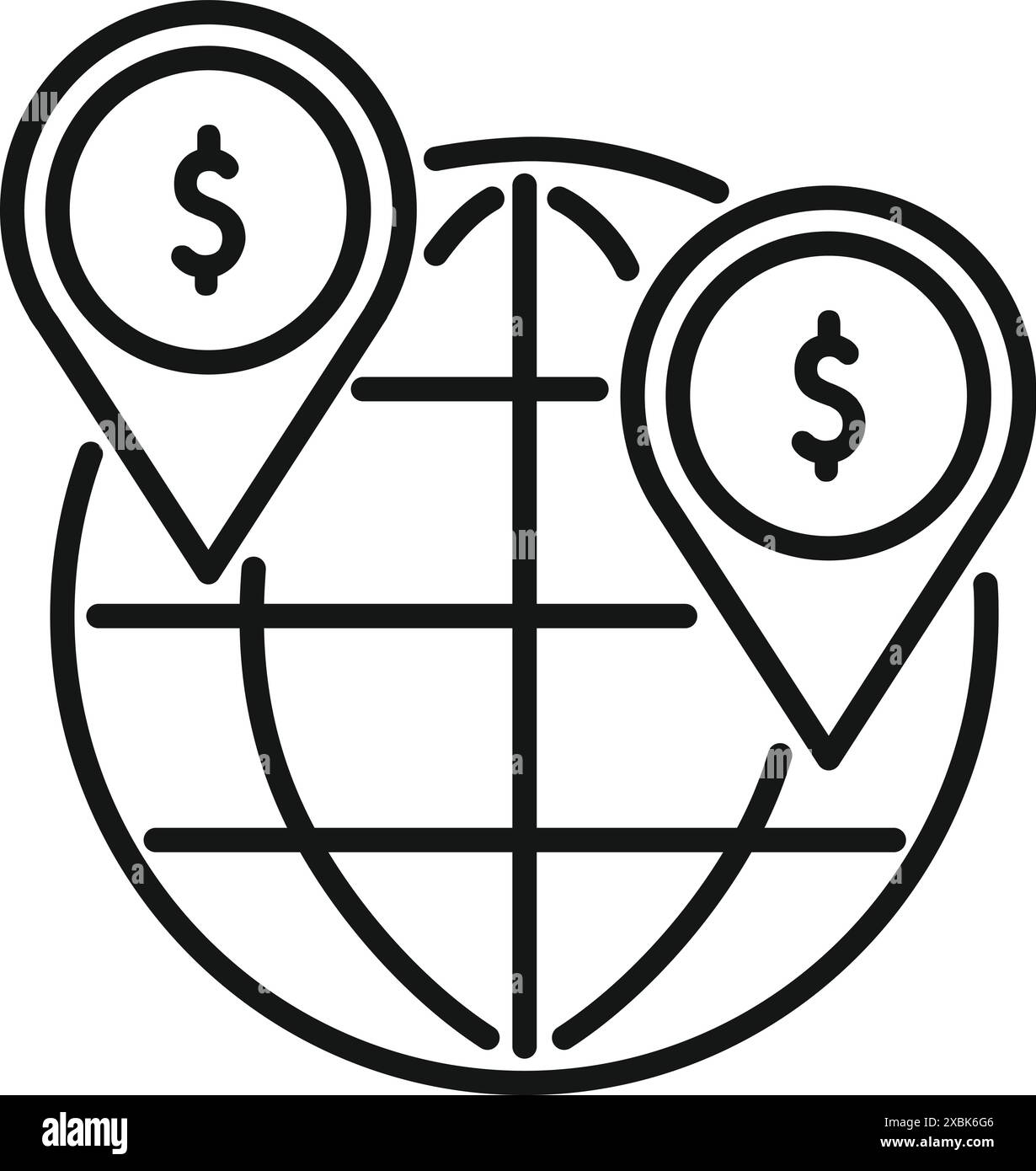 Simple line art icon of a globe with two map pointers showing dollar ...