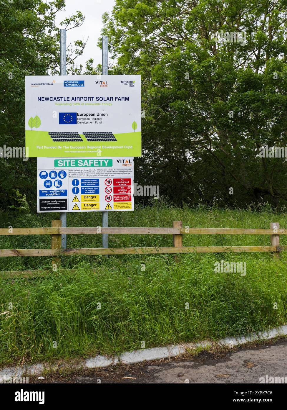 Solar Farm sign near Newcastle Airport, UK in the airposts drive for ...