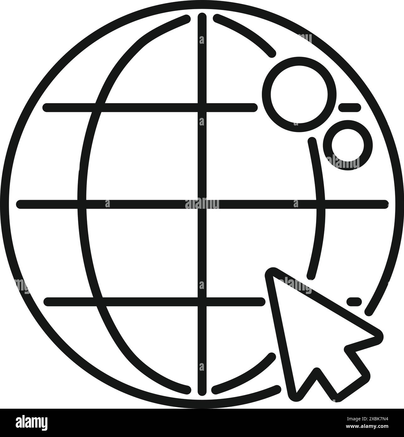 Simple, bold line icon of a cursor clicking on a world globe, representing global network access ...