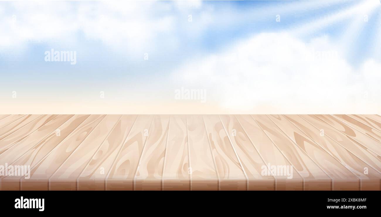 Wooden table and blue sunshine sky with clouds. Summer or spring picnic ...