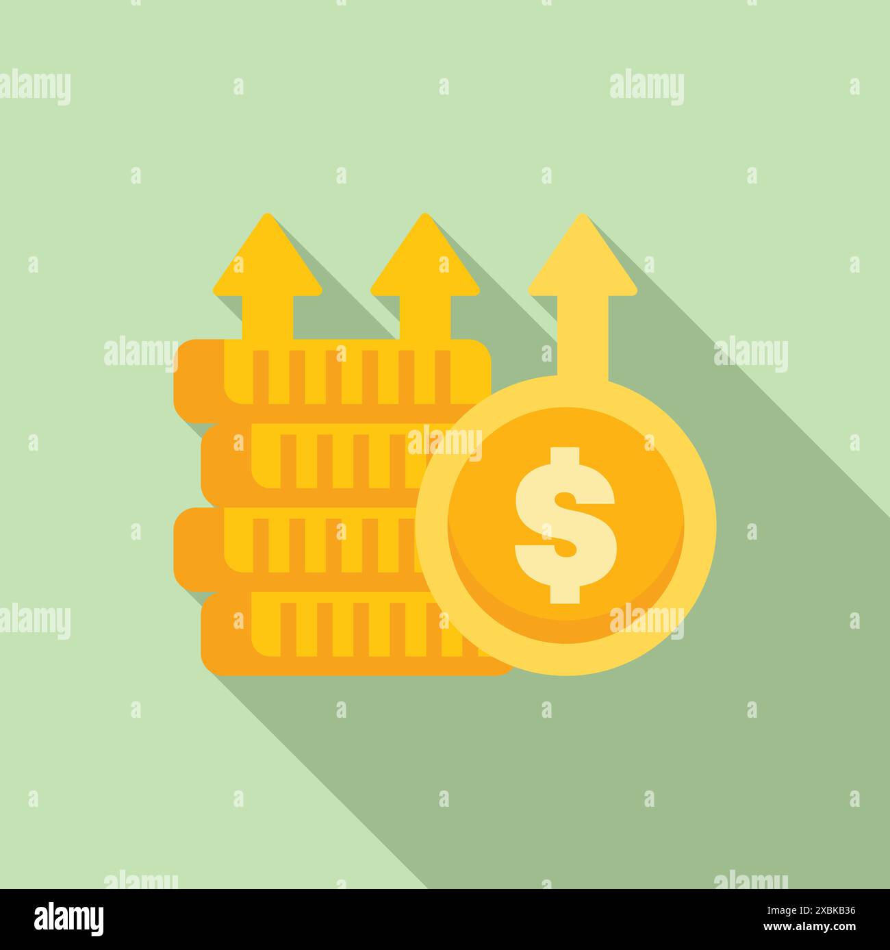Stack of gold coins with growing up arrows on green background. Money increasing concept Stock ...