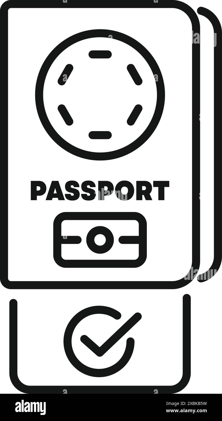 Line art icon of a biometric passport being checked, symbolizing secure ...