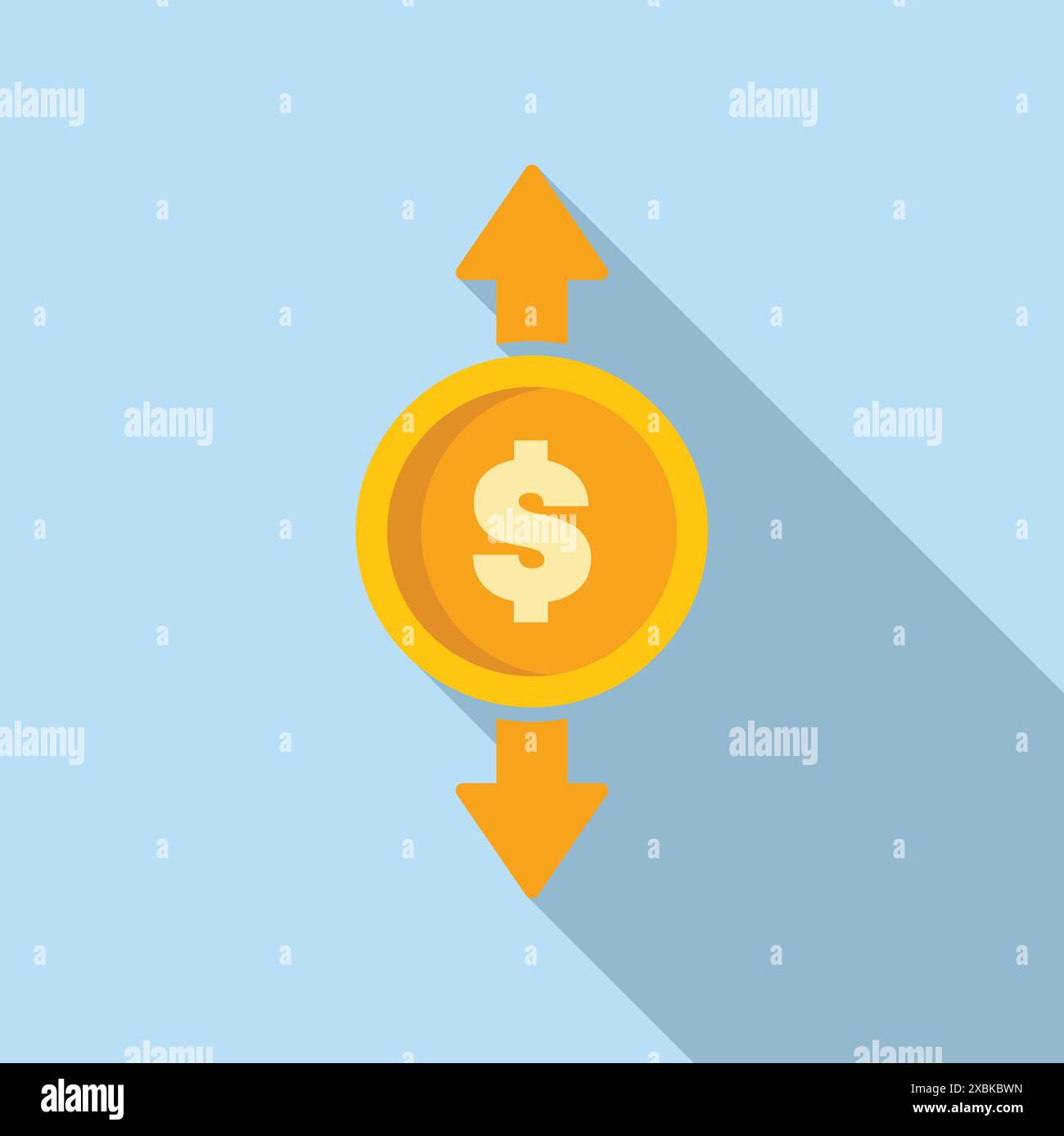 Large gold dollar coin with a large up and down arrow representing ...