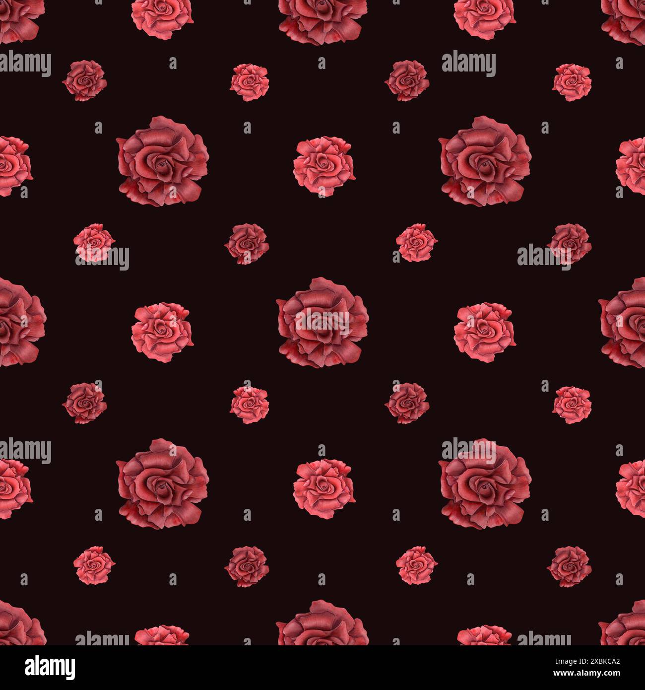 Rose heads. Deep red flowers. Seamless pattern of summer ruby plants ...