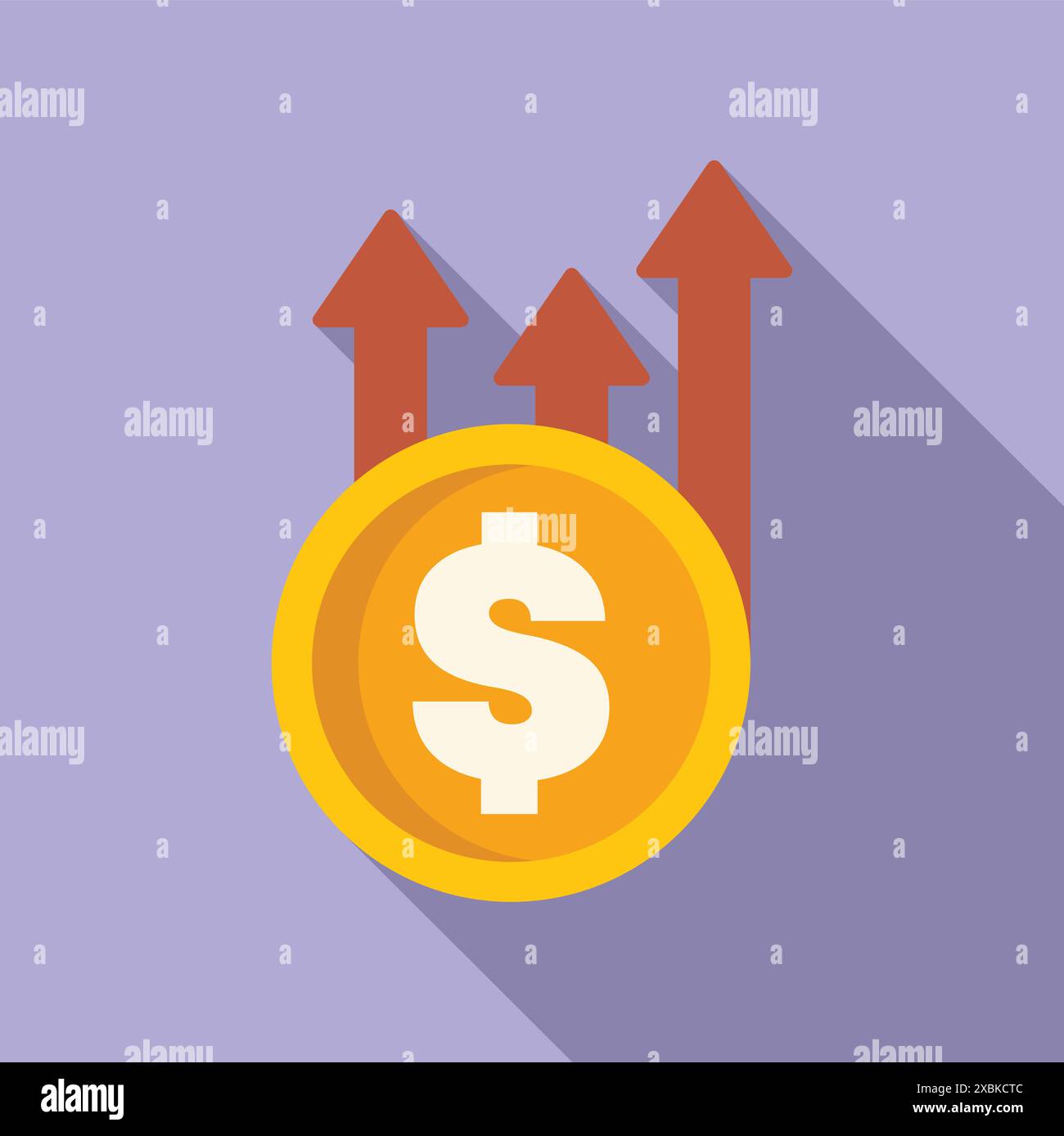 Dollar coin is increasing in value with three upward arrows, depicting ...