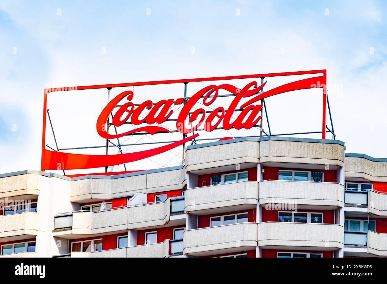impressive facade iconic Coca-Cola logo atop high-rise building ...