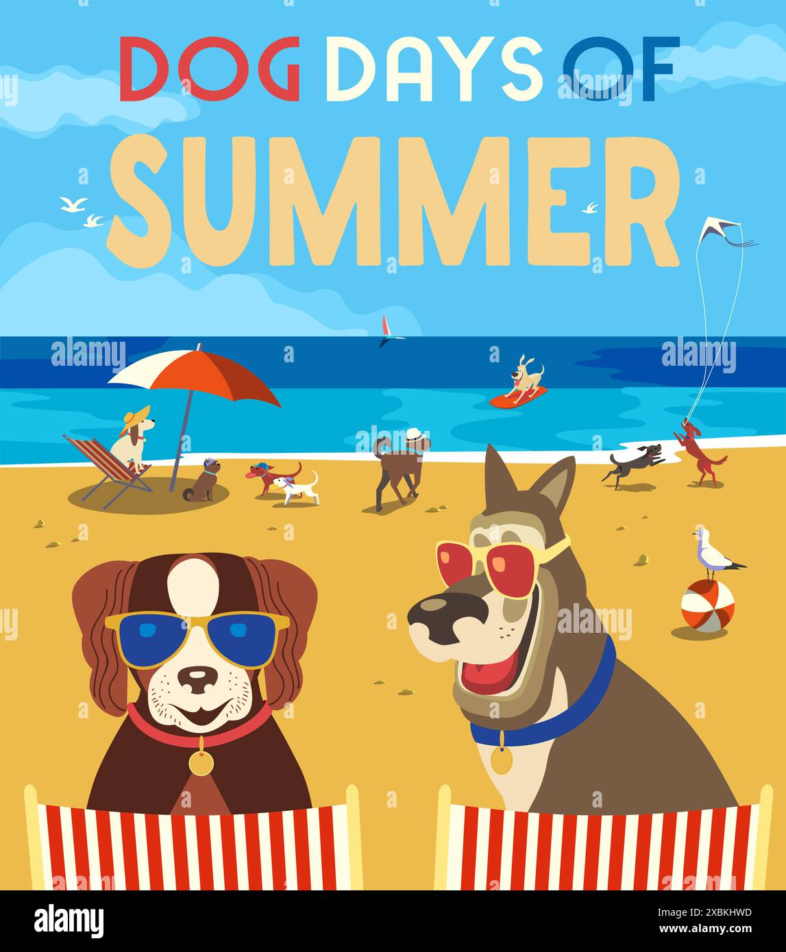 Dog Days of Summer rest on sea sandy beach vector poster. Cute dogs fun ...