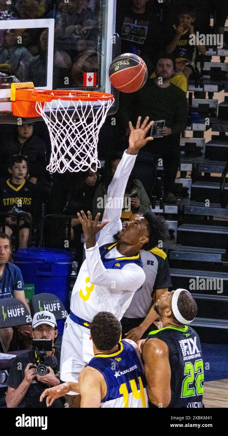 Edmonton Stinger guard, Davion Warren (3), forward Brody Clarke and ...