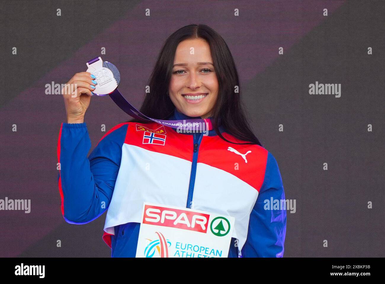 Rome, Italy 20240612. Javelin thrower Marie Therese Obst receives her bronze medal during the ...
