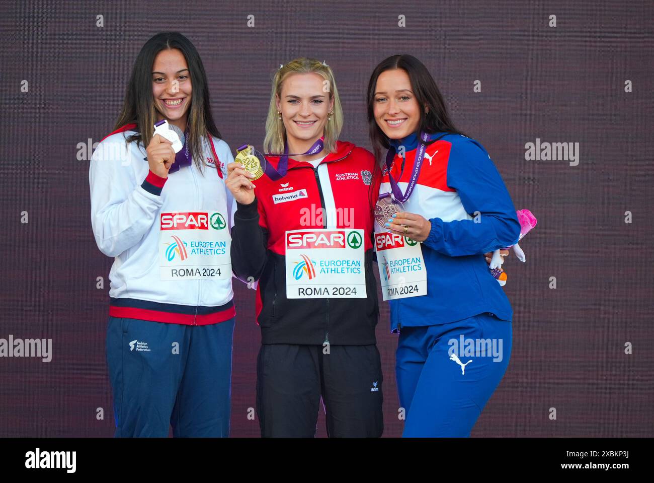 Rome, Italy 20240612. The podium is javelin from v. 2nd place Serbian Adriana Vilagos (left ...