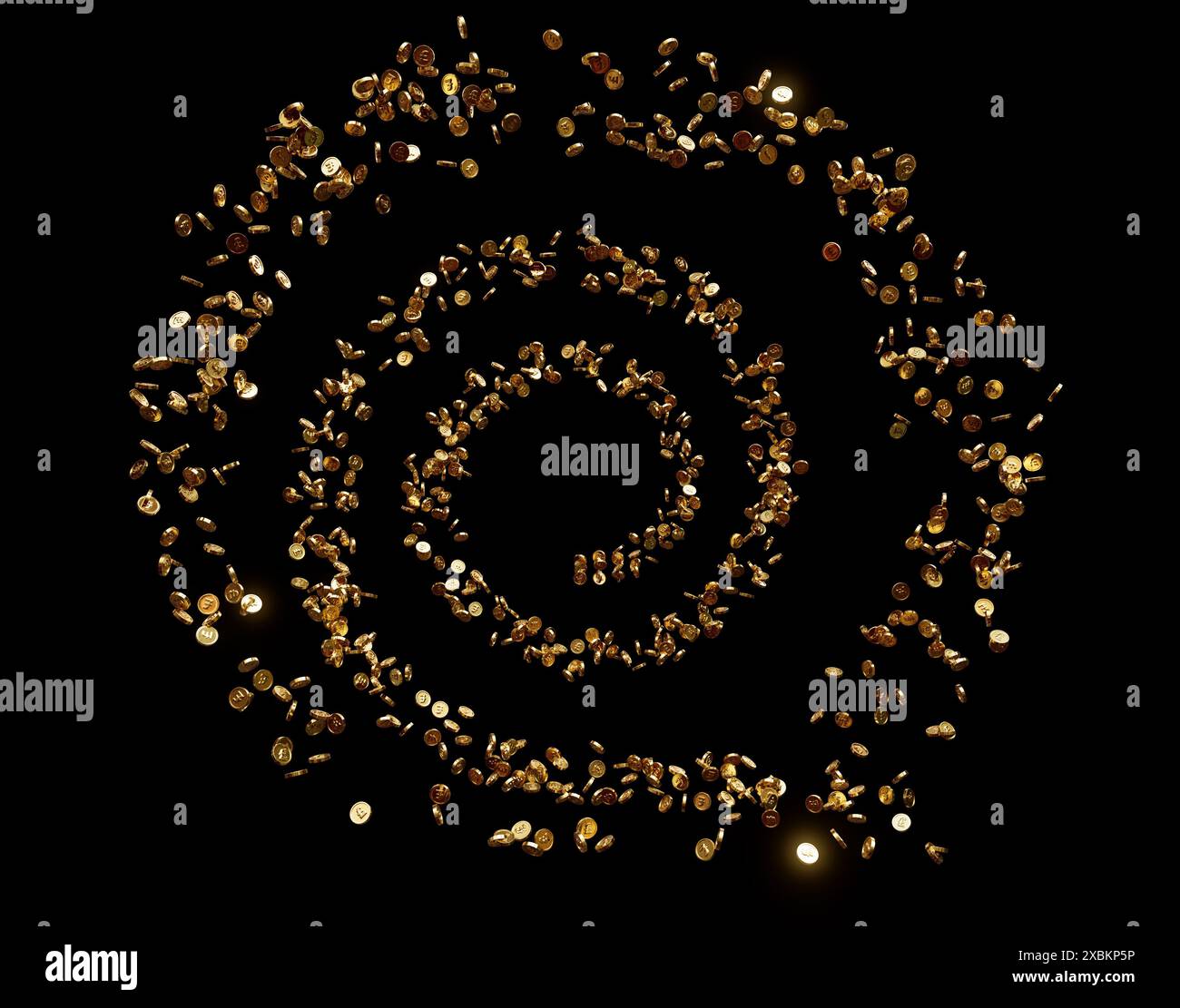 A swirling helix of thousands of gold coins with a bold british pound ...