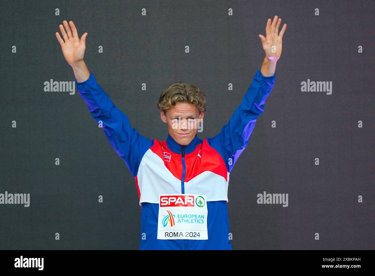 Rome, Italy 20240612. Decathlon fighter Sander Aae Skotheim receives his silver medal in a medal ...