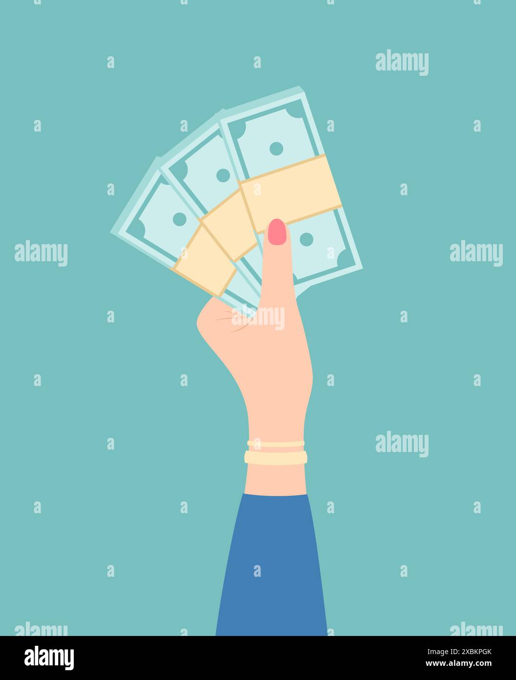Female hand holding stacks of money on a green background. Flat vector ...