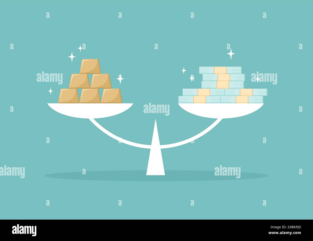 Gold bars and wads of money on scales on a green background. Flat vector illustration Stock ...