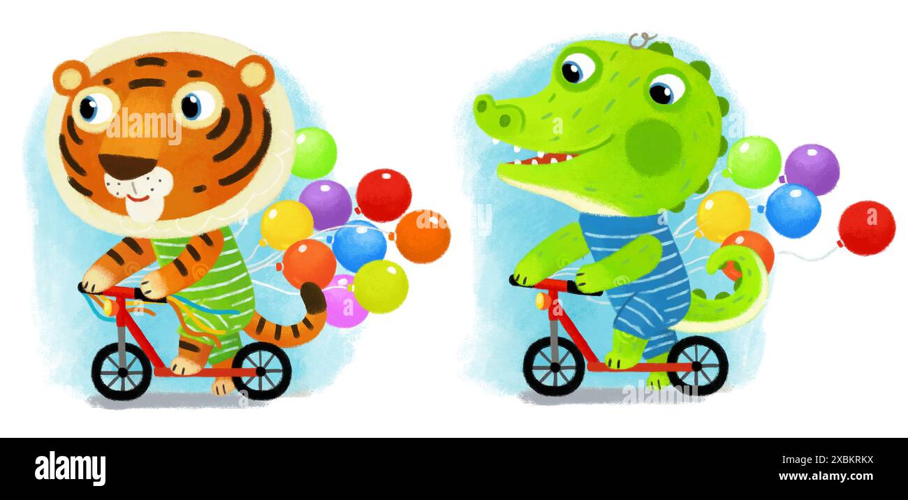 cartoon scene with happy little boy tiger cat and crocodile alligator ...