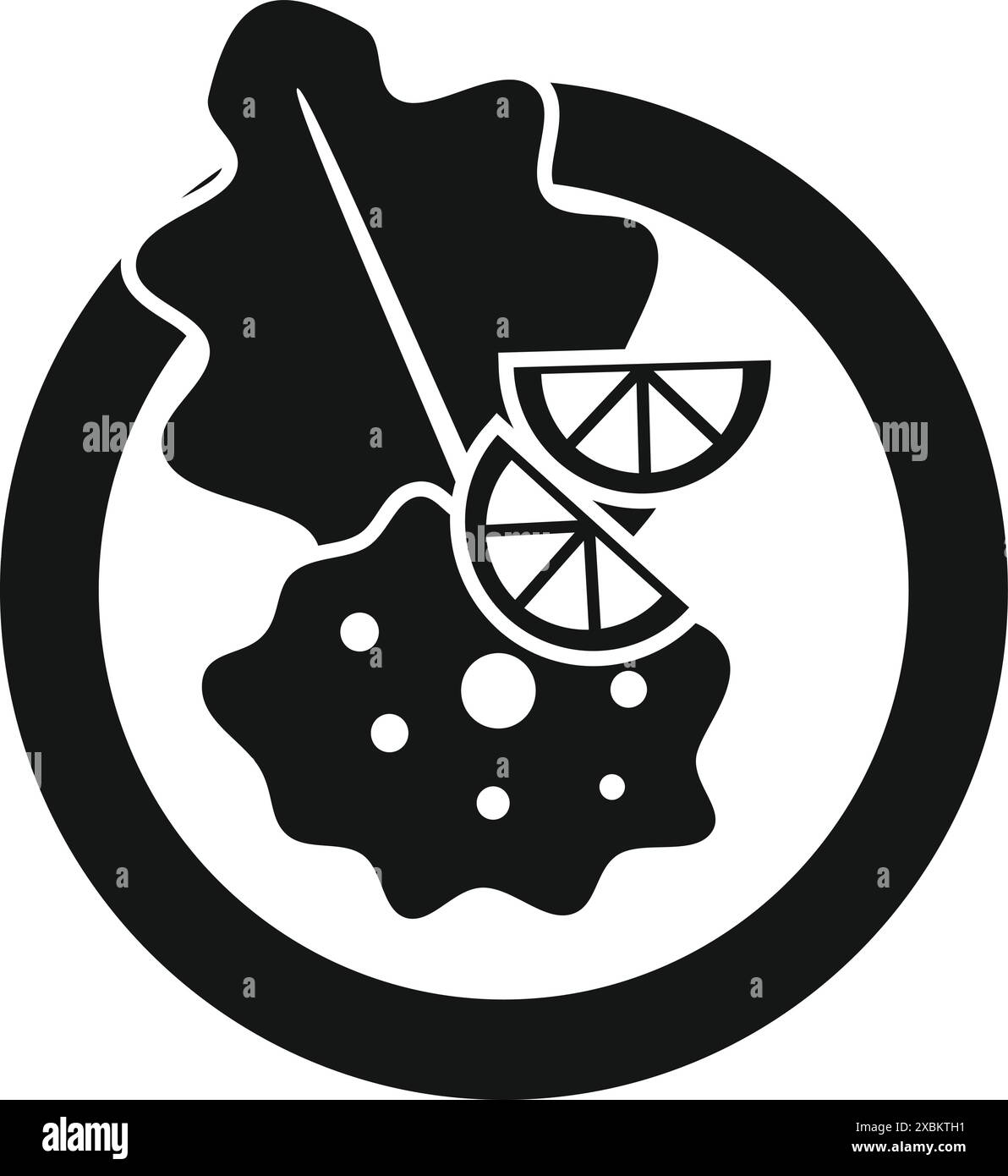 Simple black and white icon of a meal with lemon garnish on a plate ...