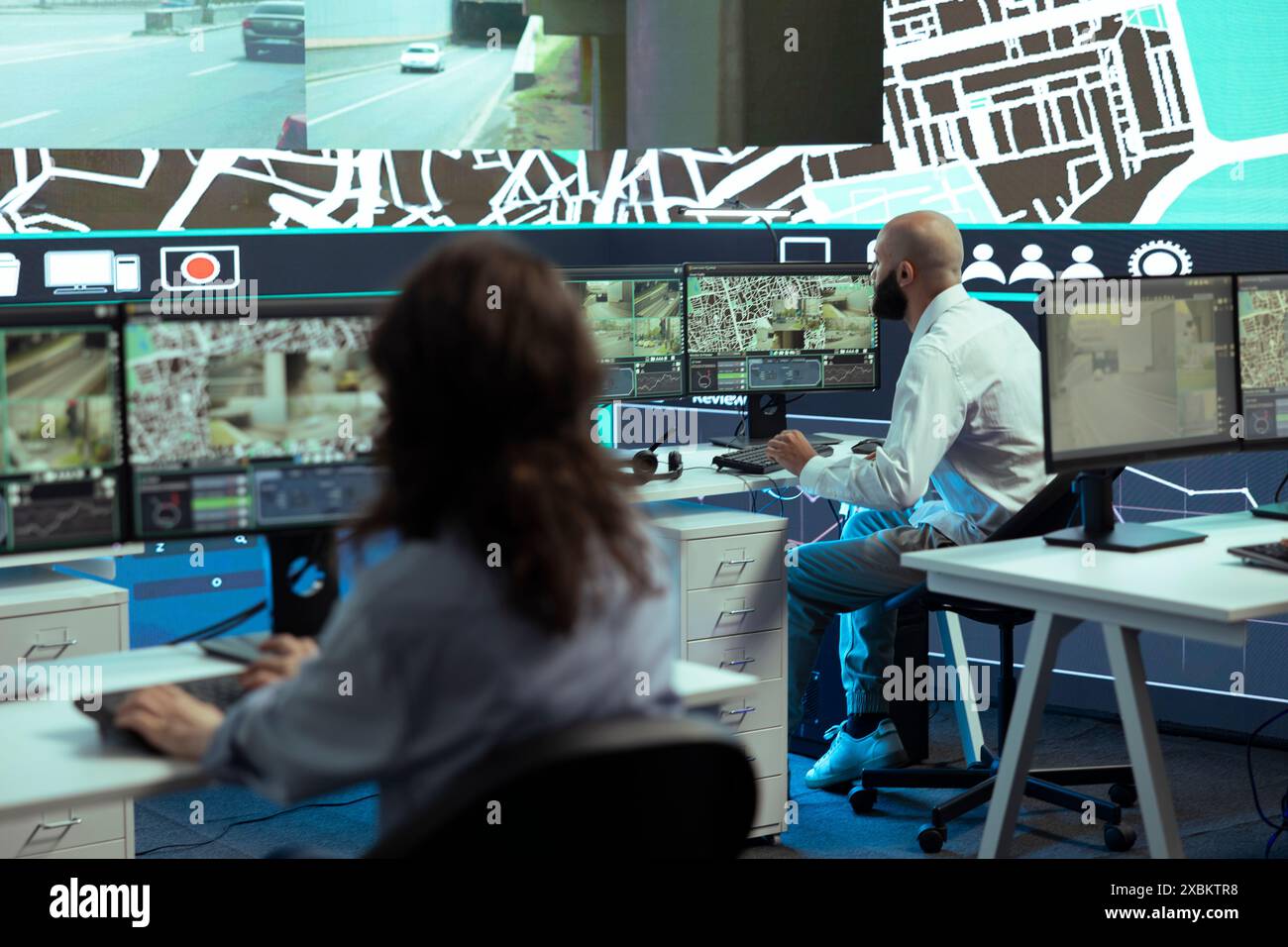 Diverse employees giving gps coordinates to couriers via satellite ...