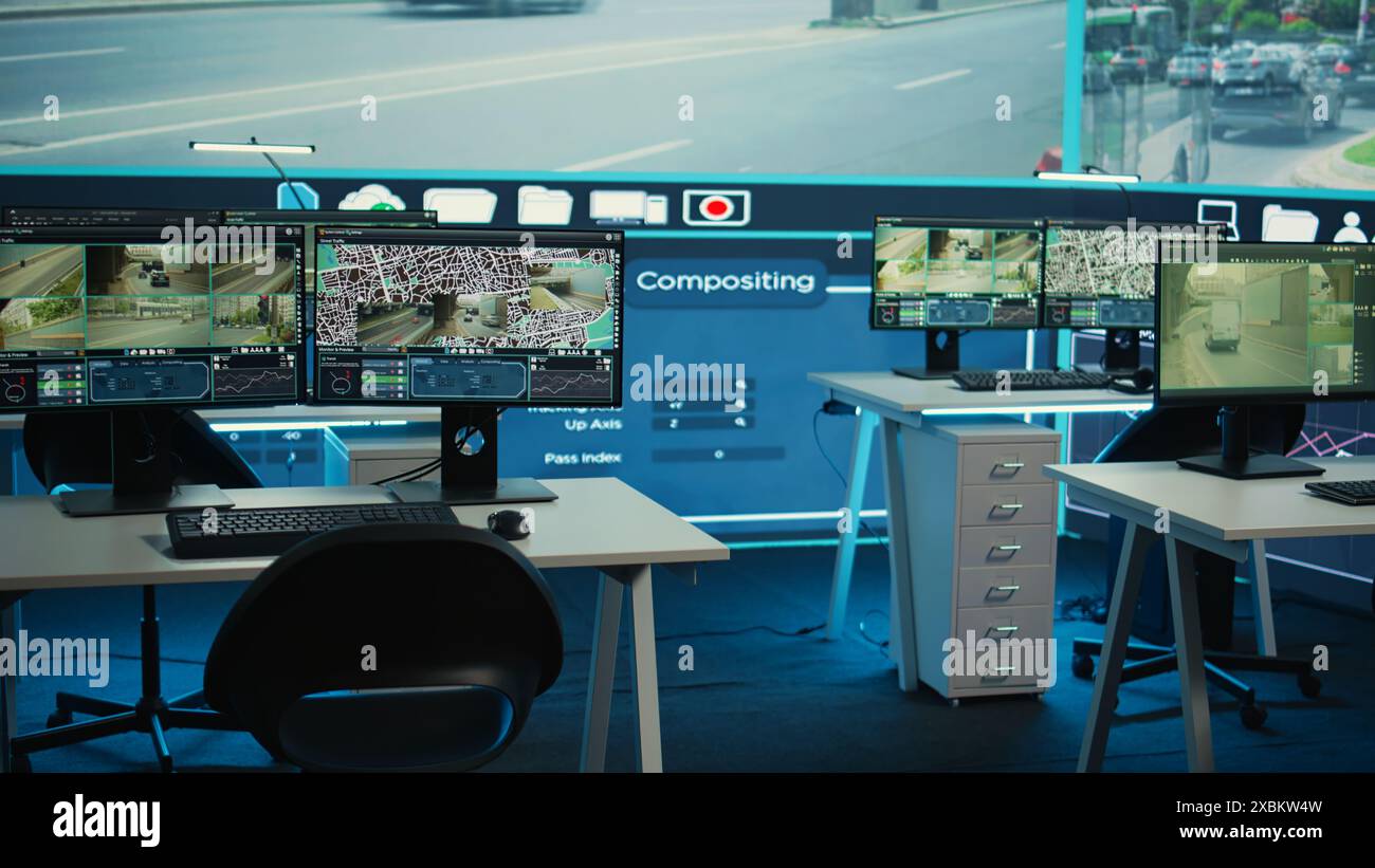 Empty observation room with a big screen to monitor traffic ...