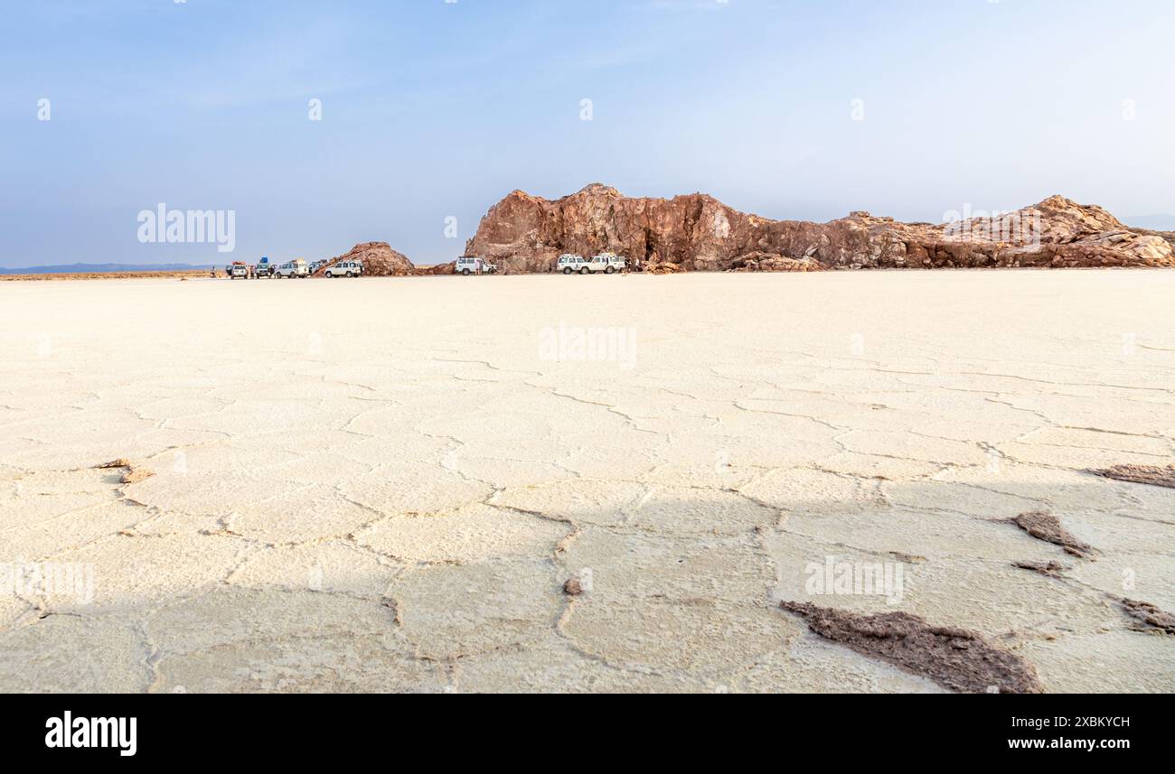 4WD cars on the offroad surface of Karum white salt lake, Danakil ...