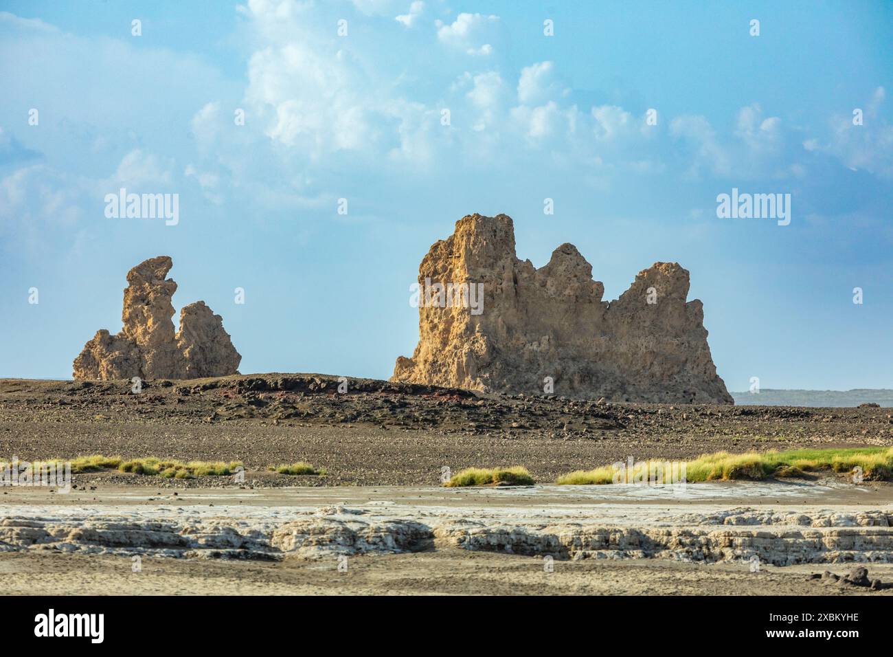 Ancient chimneys mineral rock formations on the dried bottom of the ...