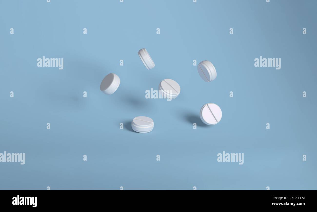 3D illustration of multiple white tablets with scored lines, floating ...