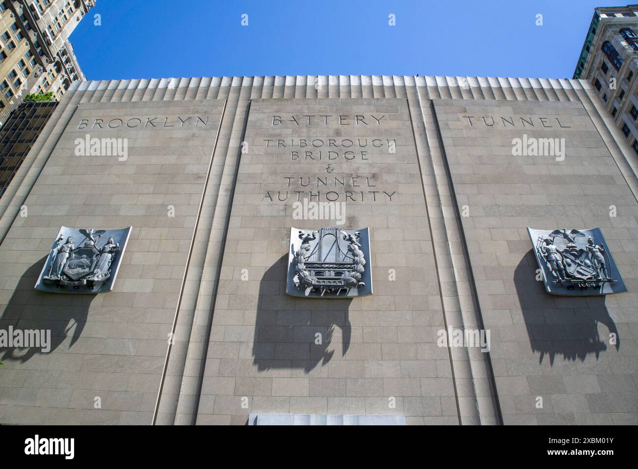 Brooklyn Battery Tunnel, low angle view of granite-faced monumental ...