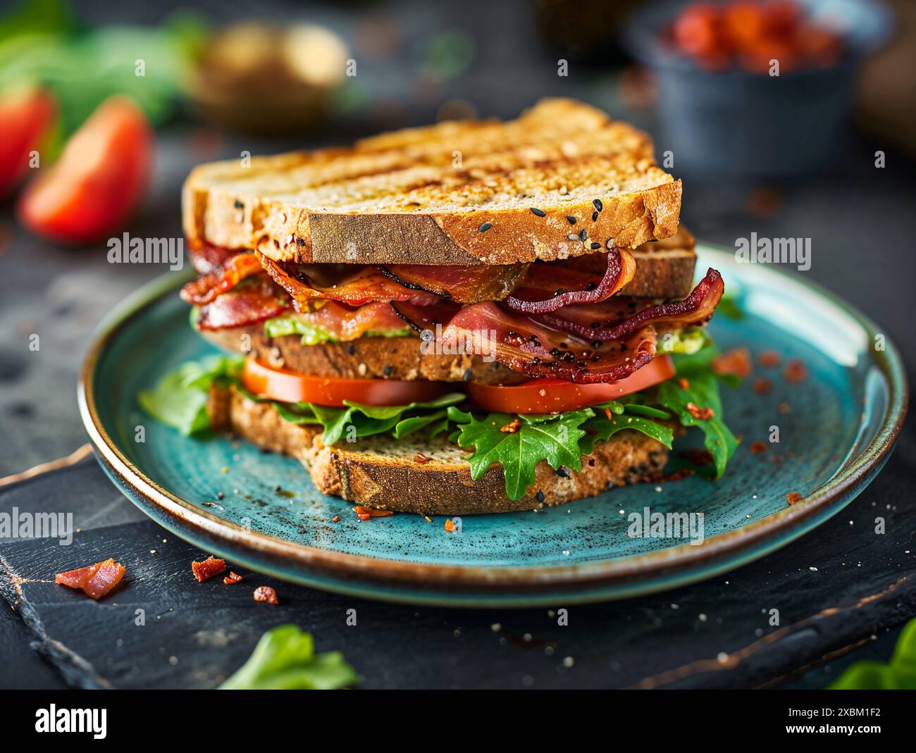 Bacon lettuce tomato sandwich ceramic plate Stock Photo - Alamy