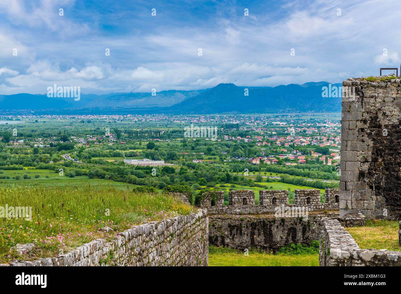 A view past the ramparts of Rozafa castle towards the city of Shkoder ...