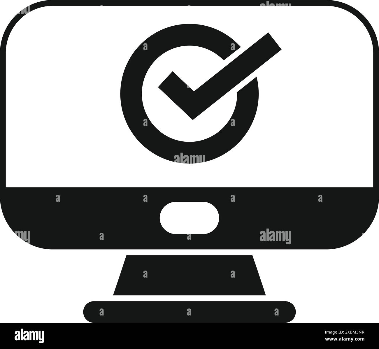 Black and white icon of a computer monitor displaying a check mark, representing online approval ...