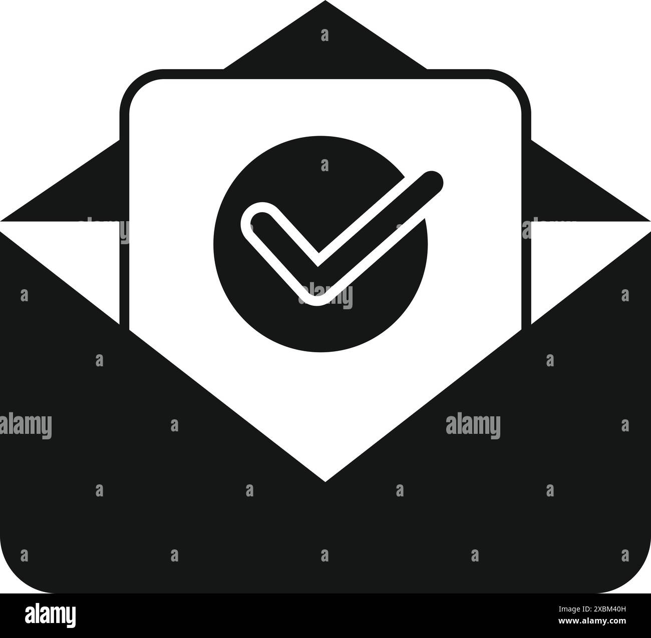Black silhouette of an envelope containing a document with a check mark, representing successful ...