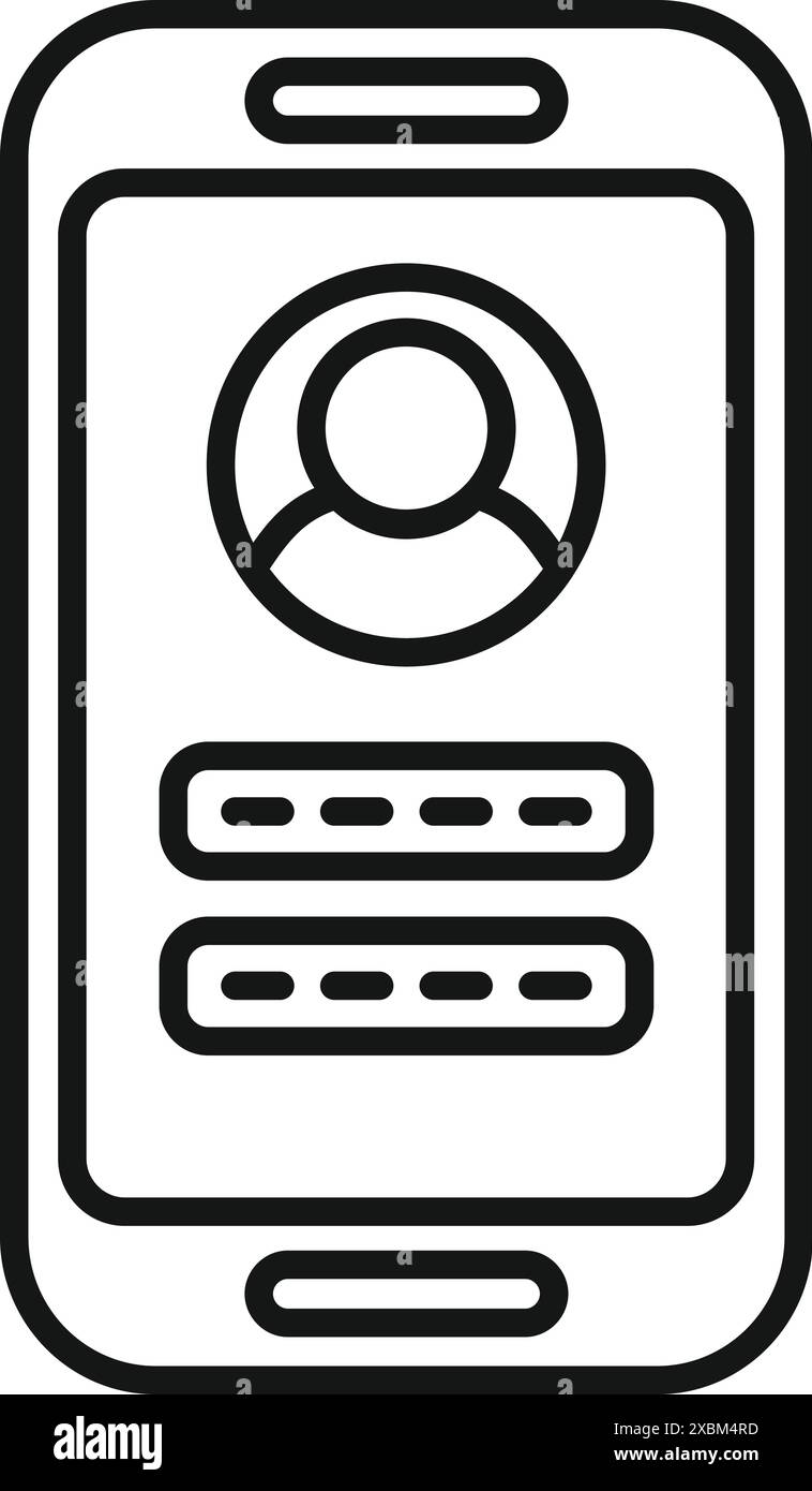 Simple line icon of a smartphone displaying a user profile login screen with password input ...