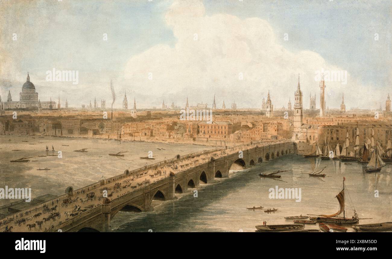 A print coloured engraving of a vintage view of London Bridge and St ...